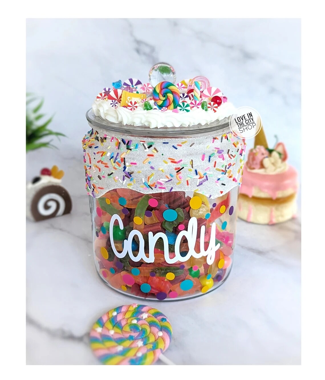 Custom Glass Candy Candy Jar with Frosting Topper, Personalized Desk ...