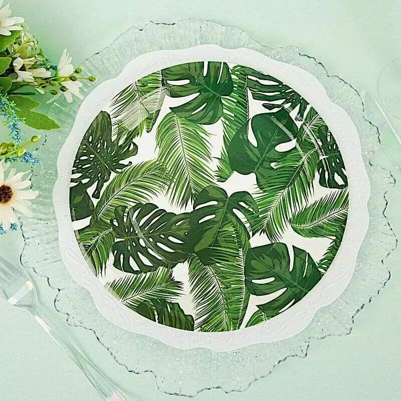 25 WHITE 9" Round Paper Plates with TROPICAL Leaves Design | Michaels