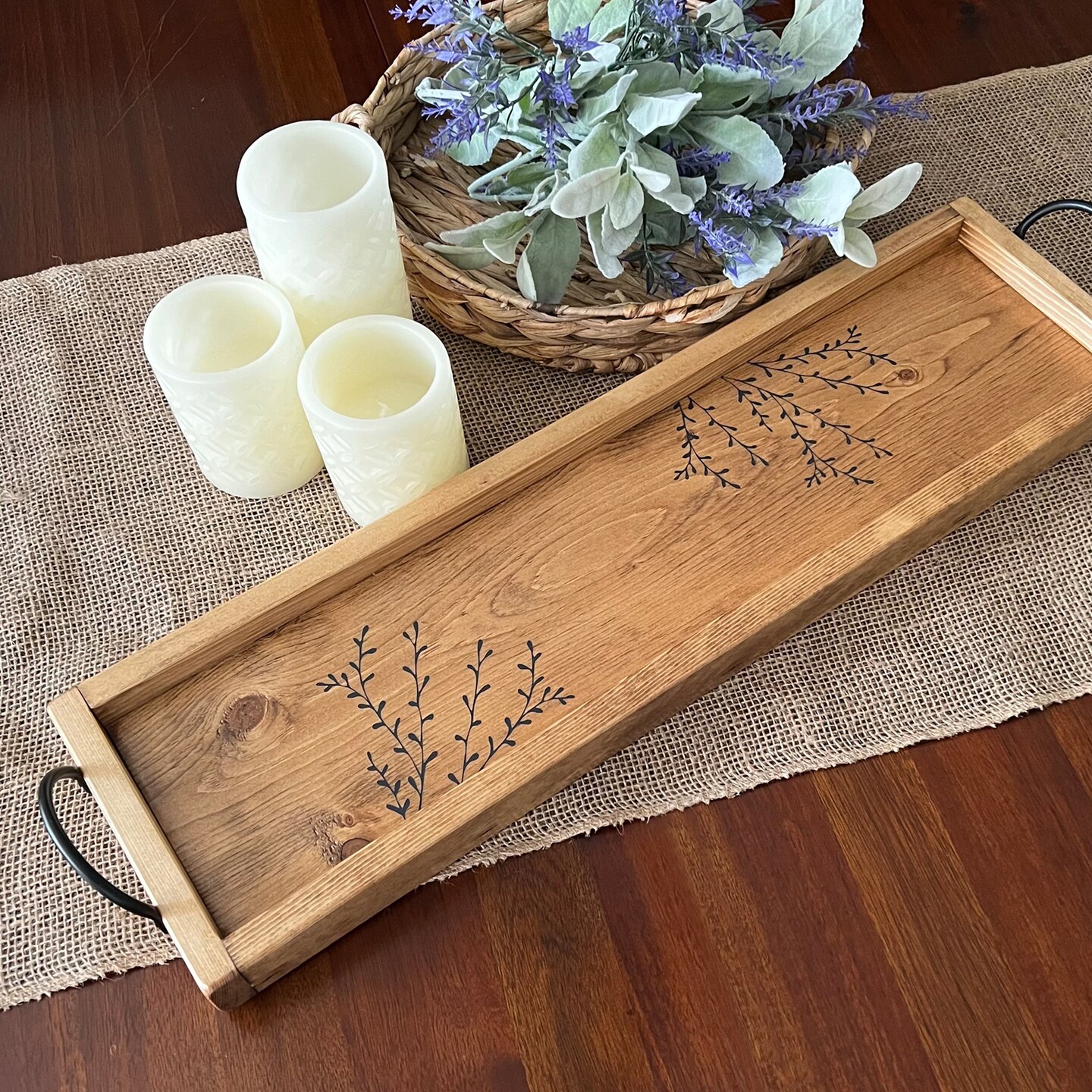 24 in Farmhouse Style Long Wood Tray with Basket Style Handles ...