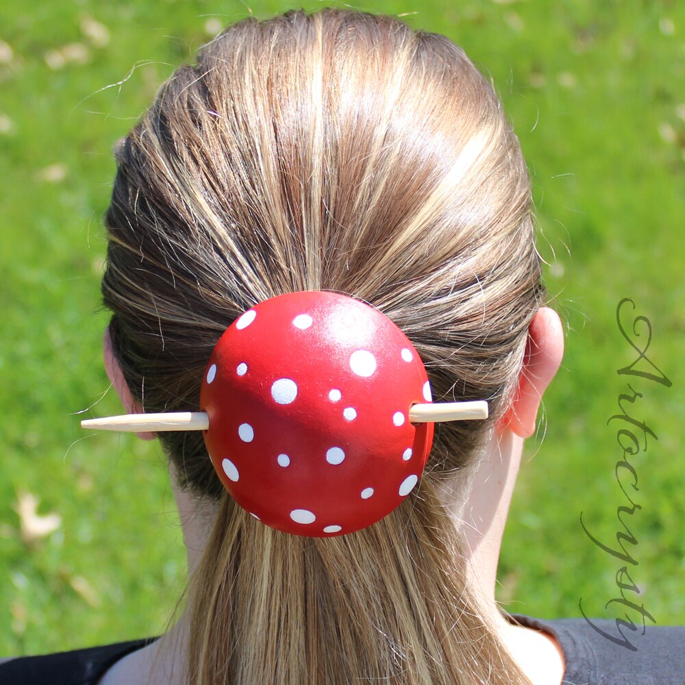 Leather Amanita Mushroom Head Bun Holder Slide Barrette with Stick ...