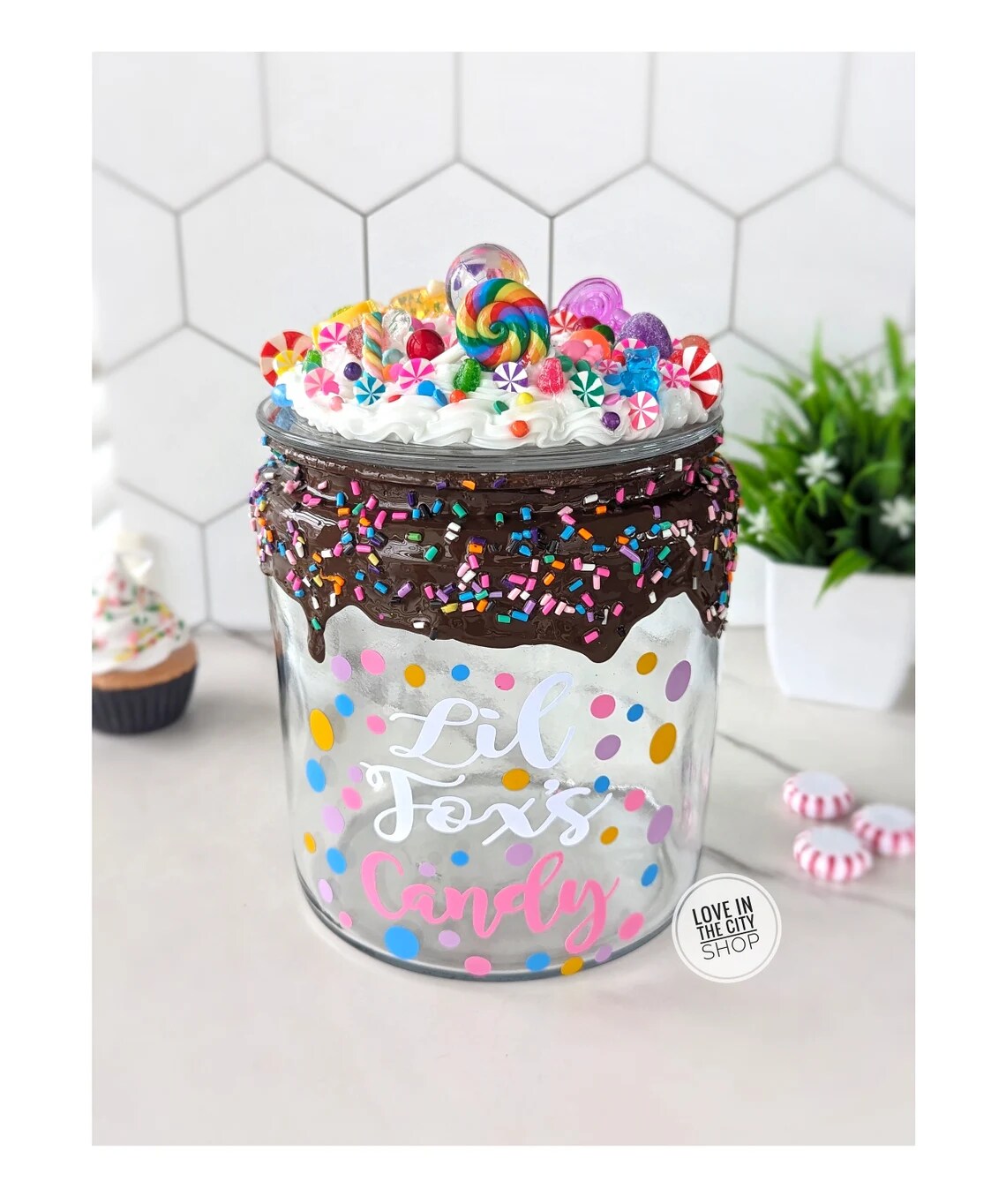 Custom Chocolate Theme Candy Jar with Fake Frosting Topper ...