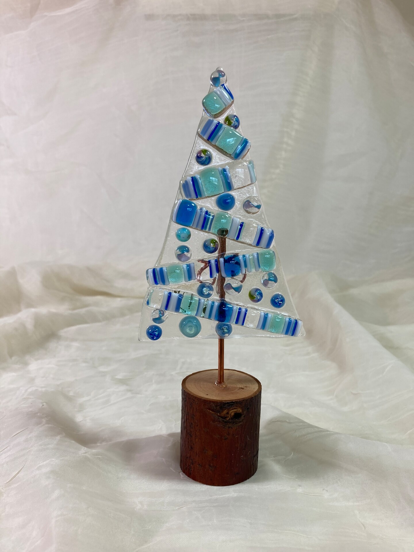 Whimsical fused glass Christmas trees, glass stringer art, natural wood ...