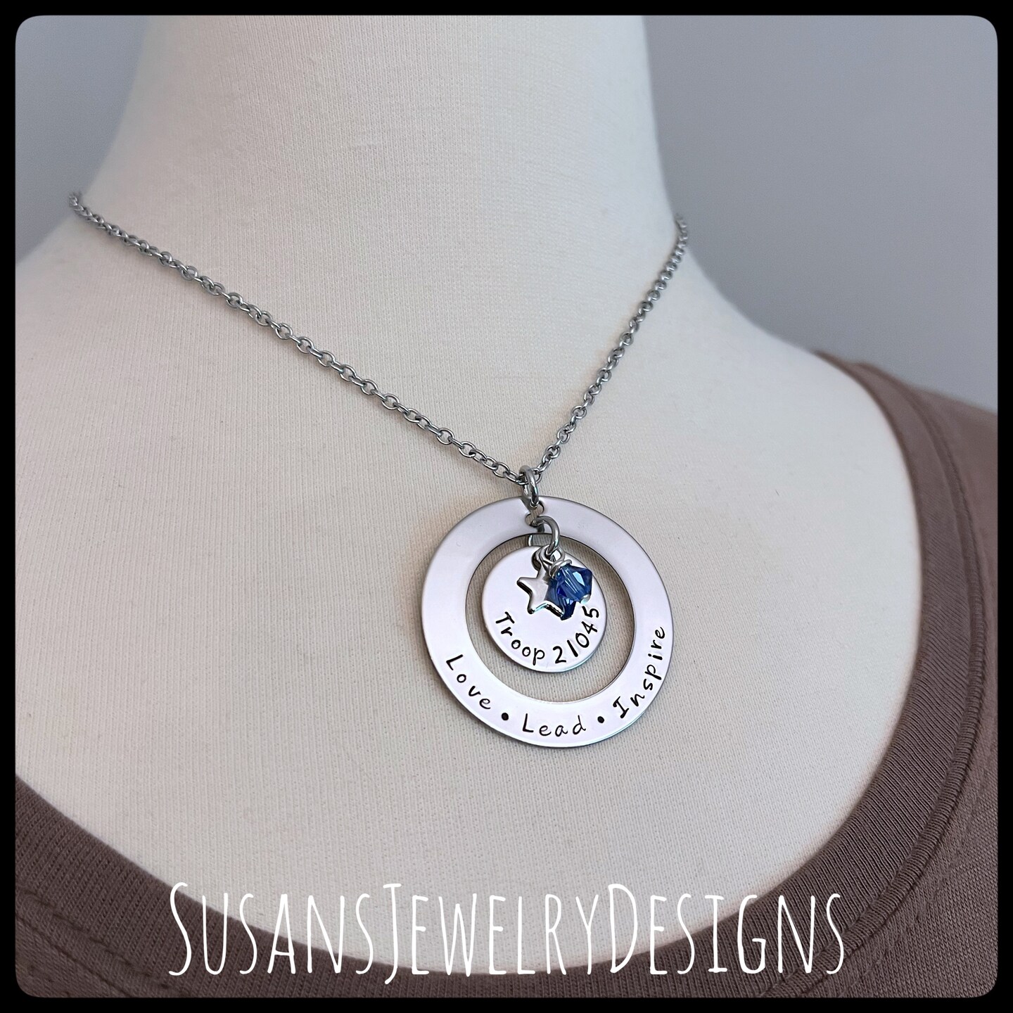 Custom love lead inspire necklace, troop necklace, bridging, scout ...