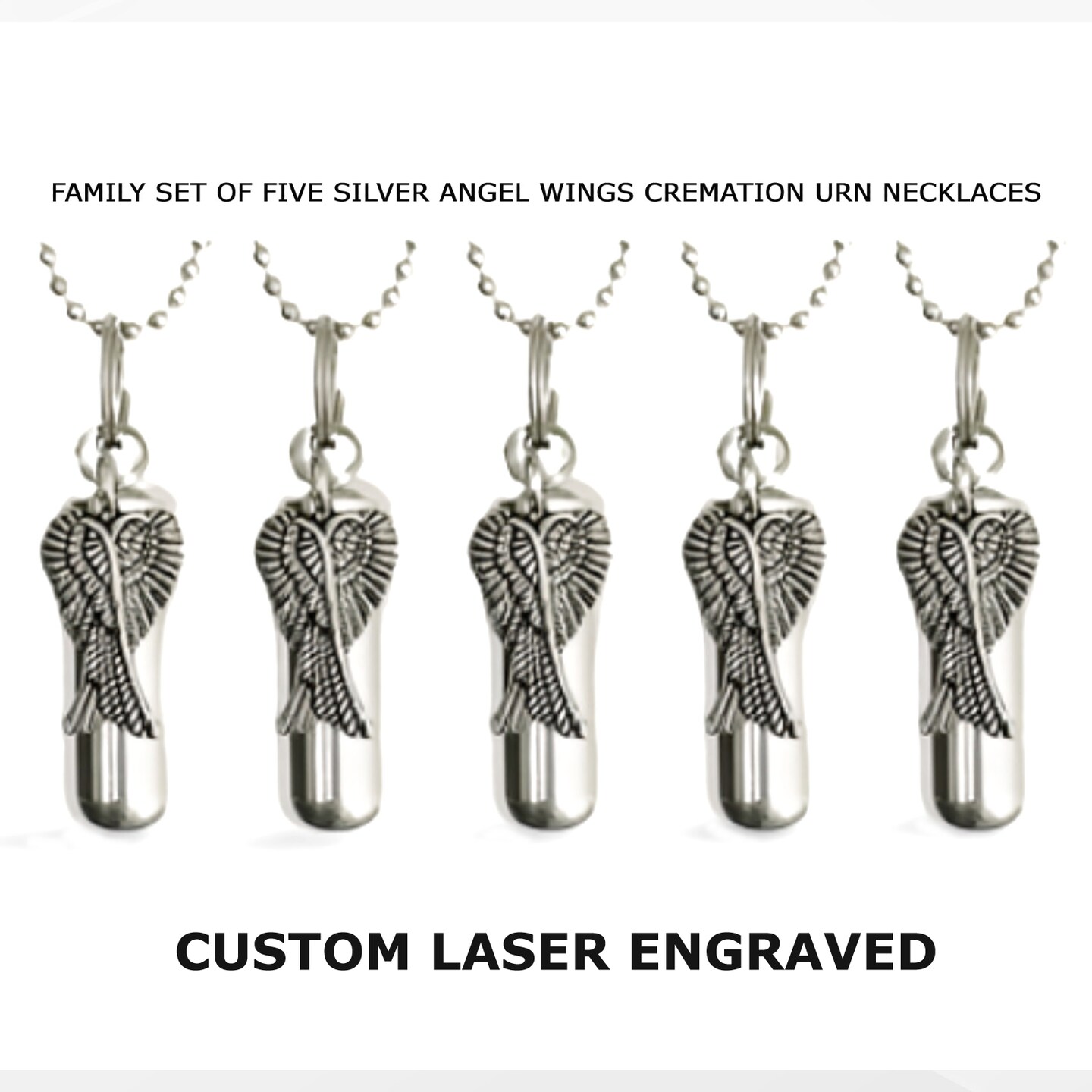 Set of FIVE CUSTOM LASER ENGRAVED Silver Angel Wings CREMATION URN ...