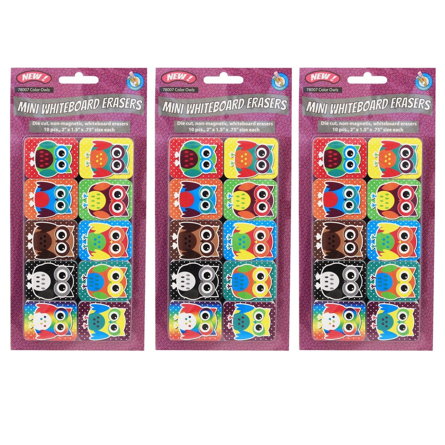 Non-Magnetic Mini Whiteboard Erasers, Color Owls, 10 Per Pack, 3 Packs ...