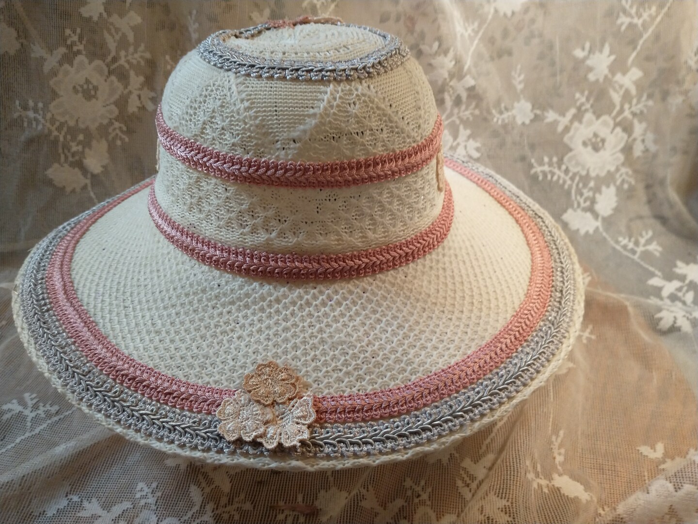 Cream unique weave 4 inch big brim church derby hat with gray and pink ...