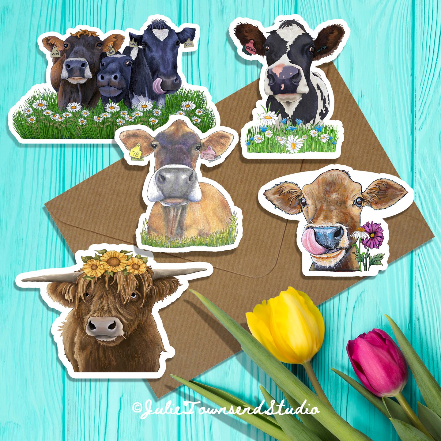 Sticker Set - Spring Cow Sticker Set - Set of 5 adorable cow stickers ...