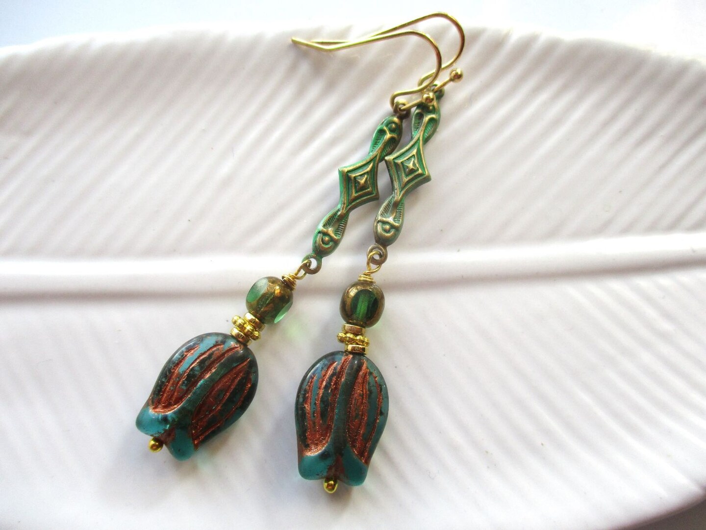 Handmade Green Czech Glass Tulip Flower and Hand Painted Deco Link Charm Earrings | MakerPlace ...