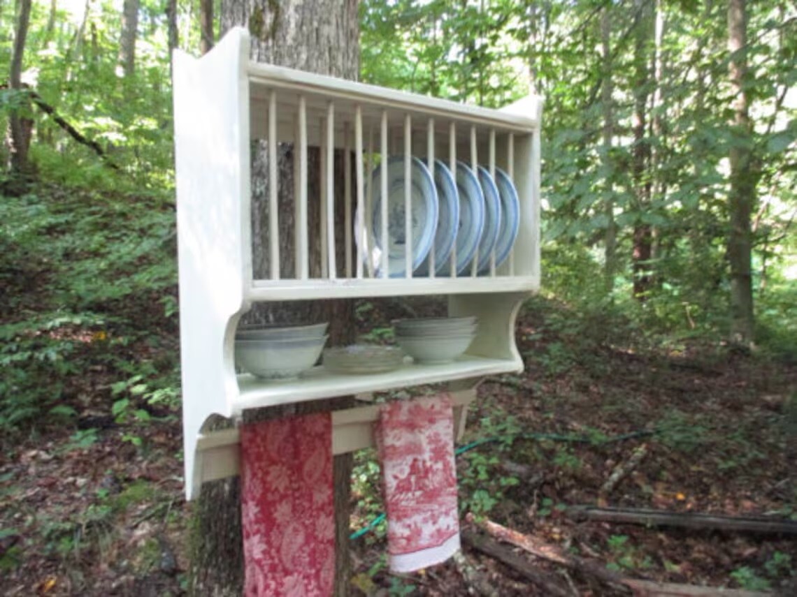 Farmhouse Plate Rack with Primitive Towel Rung, Hanging Plate Rack ...