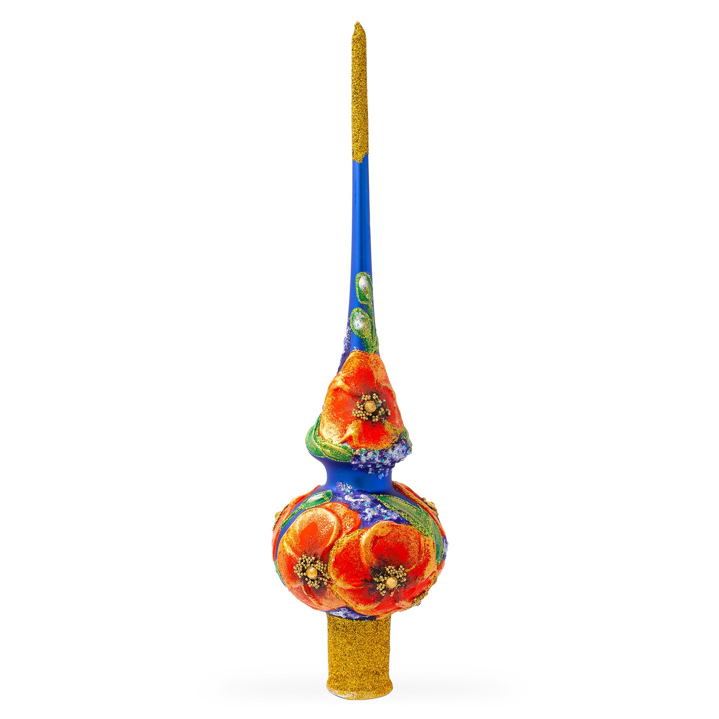 Poppy Flowers on Blue Mouth Blown Glass Christmas Tree Topper 11 Inches ...