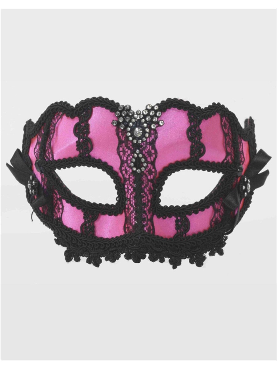 Retro 80s Neon Pink Black Lace Costume Venetian Eye Mask with Bows ...