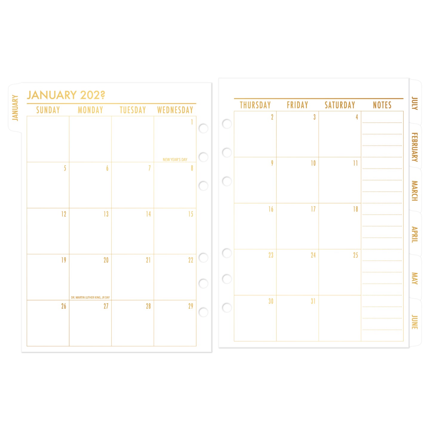 FOILED A5 Rings Tabbed Month on 2 Pages Deluxe Planner Calendar Refill ...