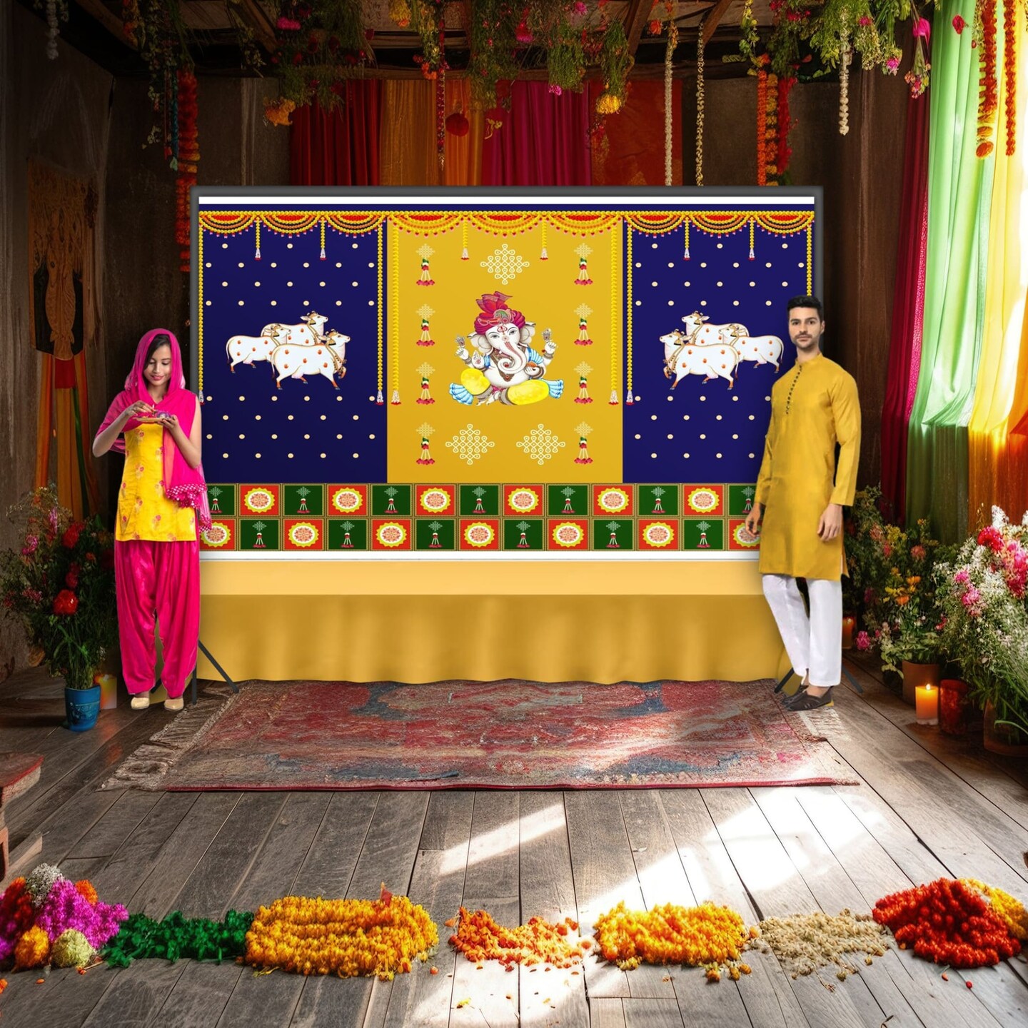 Ganesh with Cow Backdrop 5x8 Feet Indian Traditional Cloth Backdrop ...