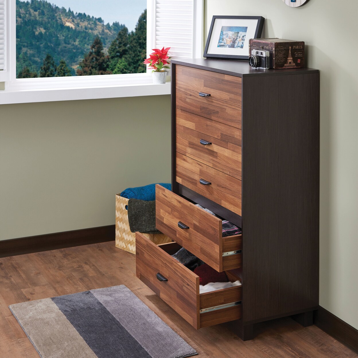 Saltoro Sherpi Wooden Chest with 5 Drawers, Walnut & Espresso Brown ...