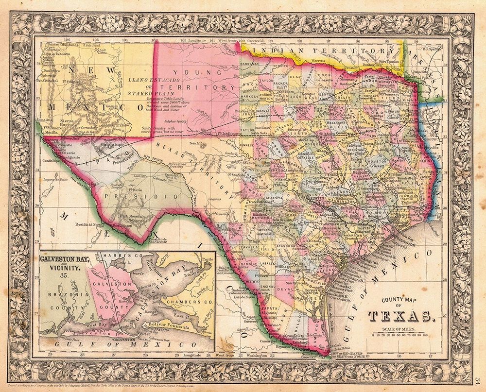 County Map Of Texas, 1864 Poster Print by Samuel Augustus Mitchell ...
