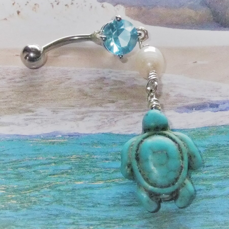 Turquoise Turtle and Pearl Belly Ring Navel Ring Stainless Steel Belly ...
