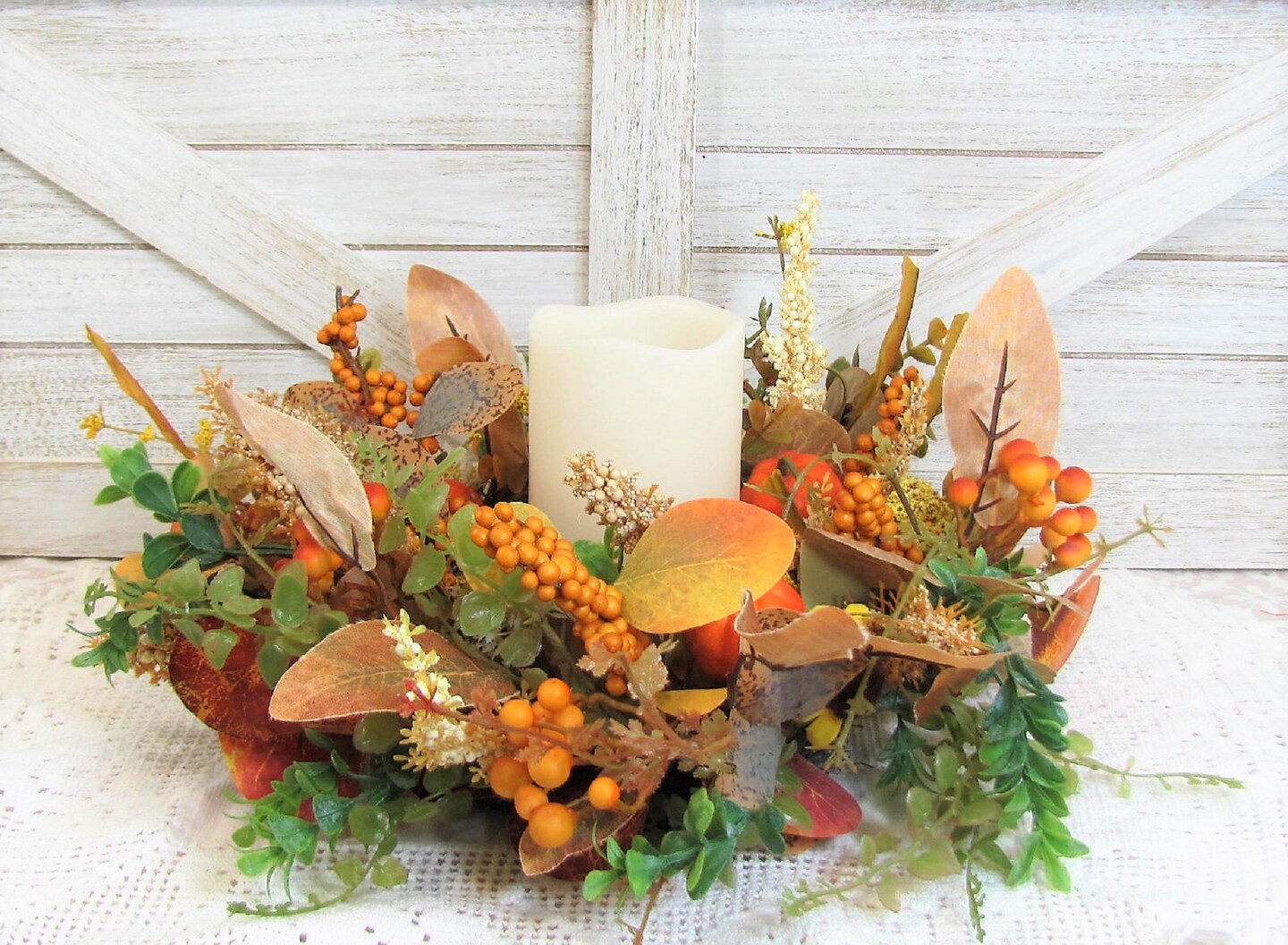 SMALL Fall Floral and Pumpkin Berry Wreath - Kitchen Cabinet Door Decor ...