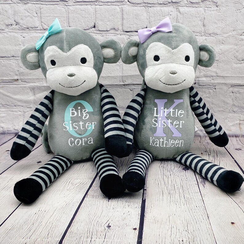 Personalized big sister gift Stuffed animal Birth announcement monkey ...