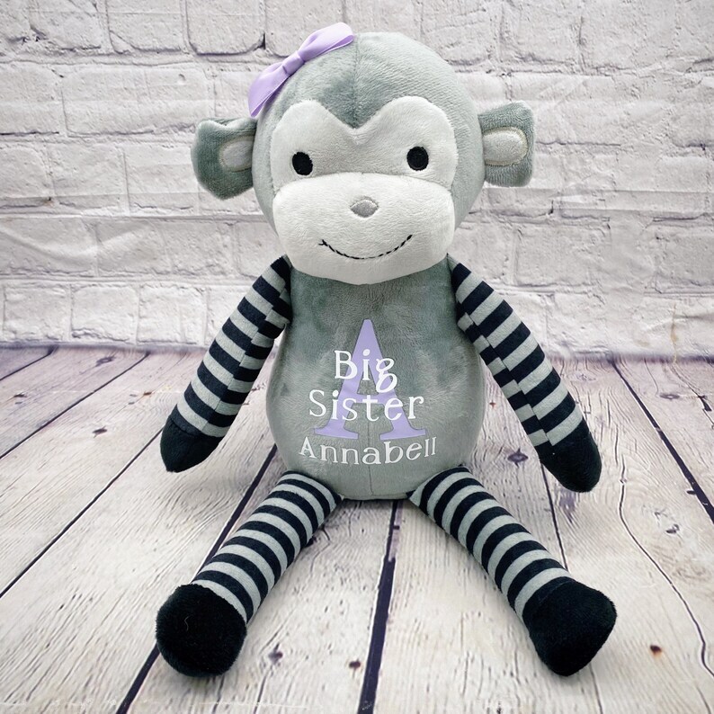 Personalized big sister gift Stuffed animal Birth announcement monkey ...
