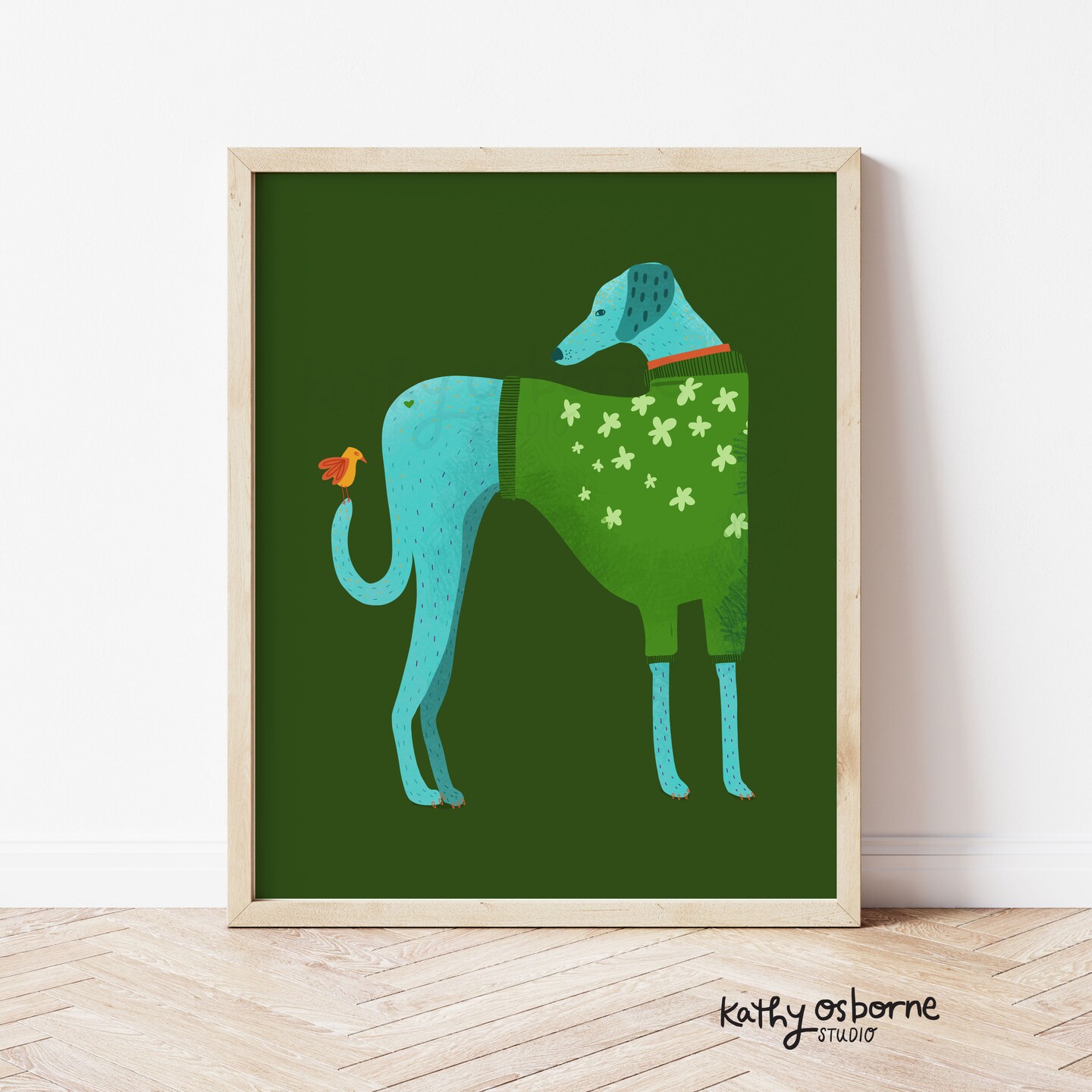 Cute Art Print: Greyhound in a green sweater - Whimsical Dog Art Wall ...