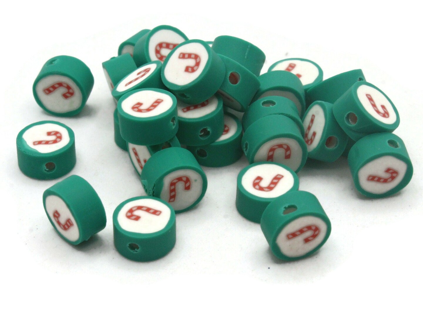 30 Candy Cane Polymer Clay Green Bordered White and Red Christmas Beads ...
