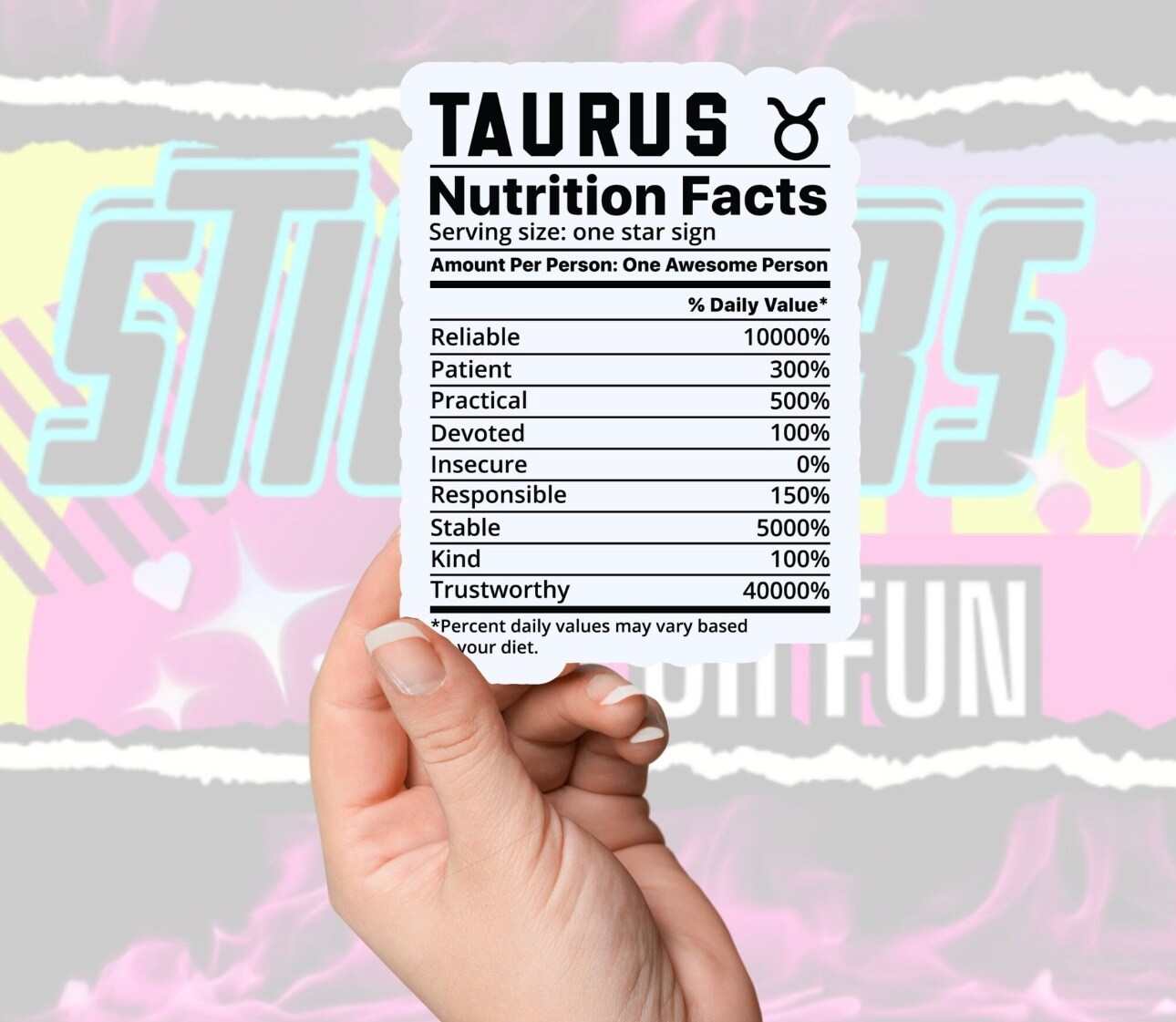 Personality Stickers, Zodiac Nutrition Facts of a Taurus, Great Gift ...