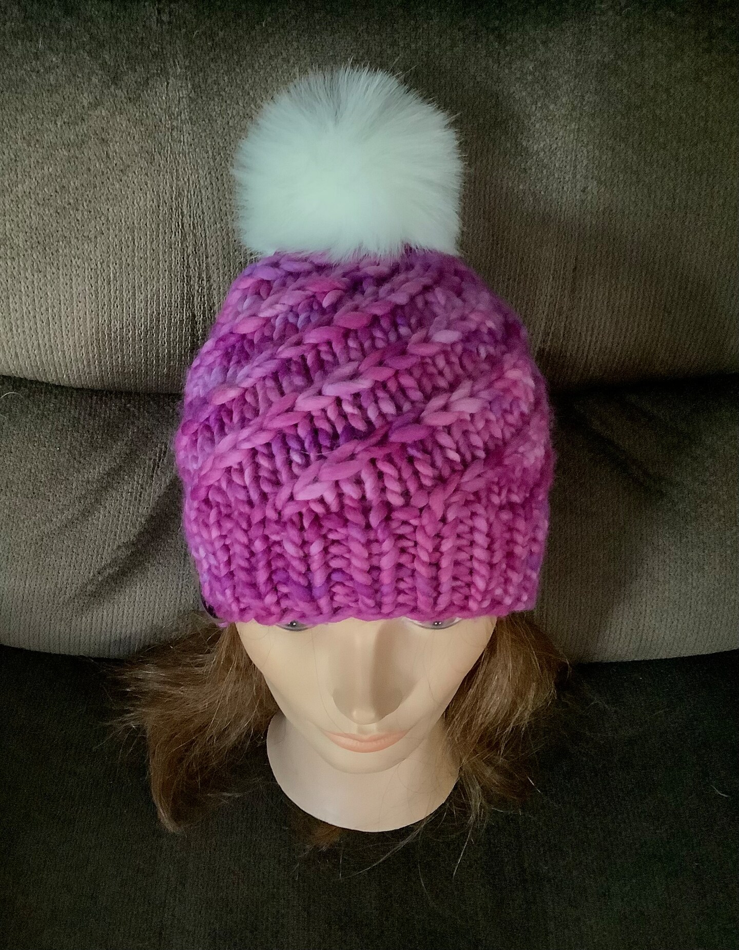 Hand knitted Chunky weight hat with faux Pom Pom made with Malabrigo ...