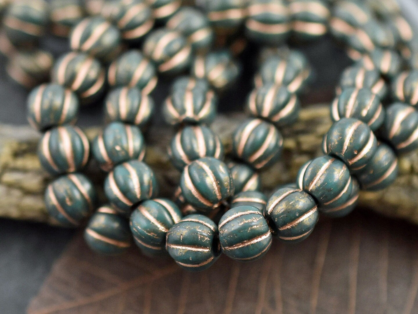 Gold Washed Bronzed Dark Blue Green Large Hole Melon Beads -- Choose ...