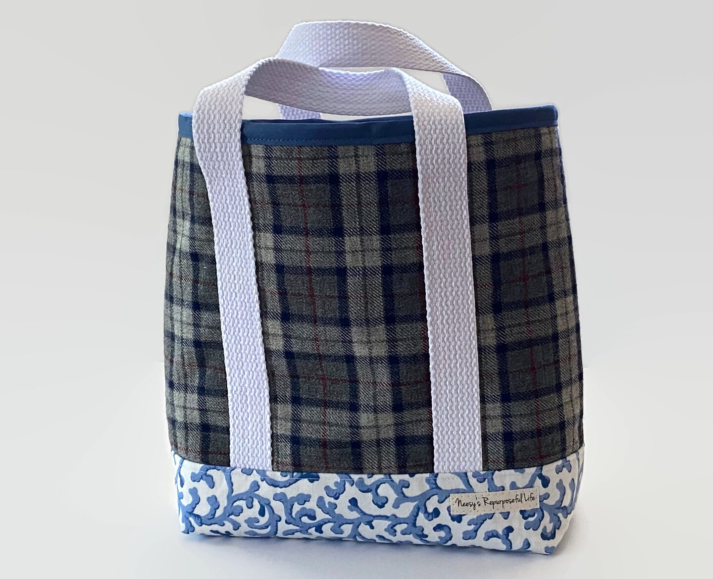 Upcycled Tote Bag, Gray Plaid, Medium Size with Inside Pocket ...