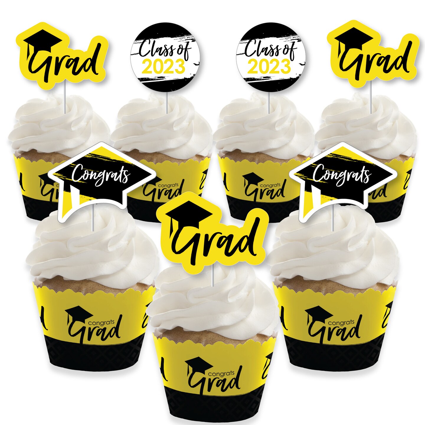 Big Dot of Happiness 2023 Yellow Graduation Cupcake Decoration - Party ...