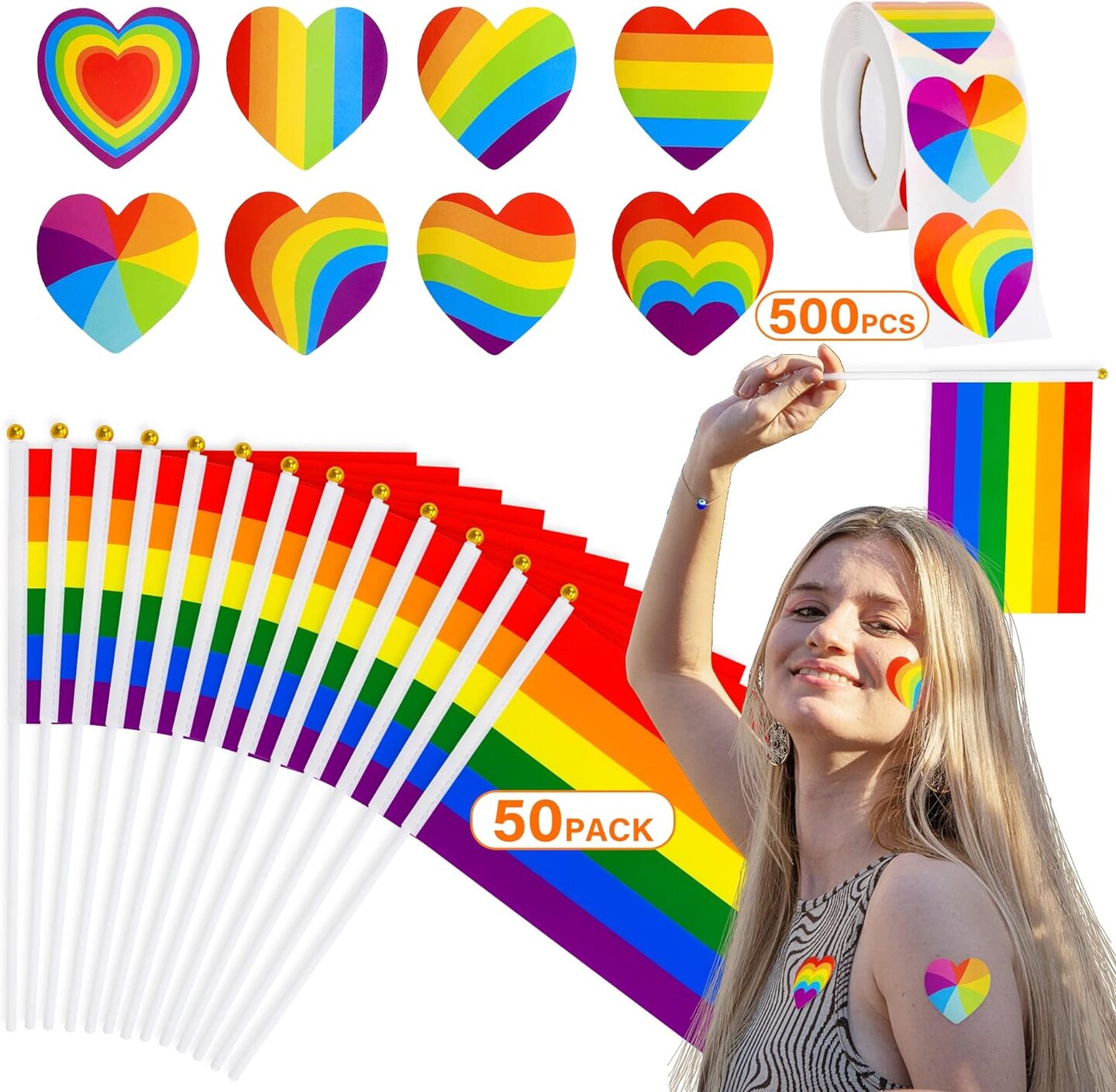 50 Pack of Pride Flags and 500 Pride Stickers, Mini Handheld LGBTQ ...