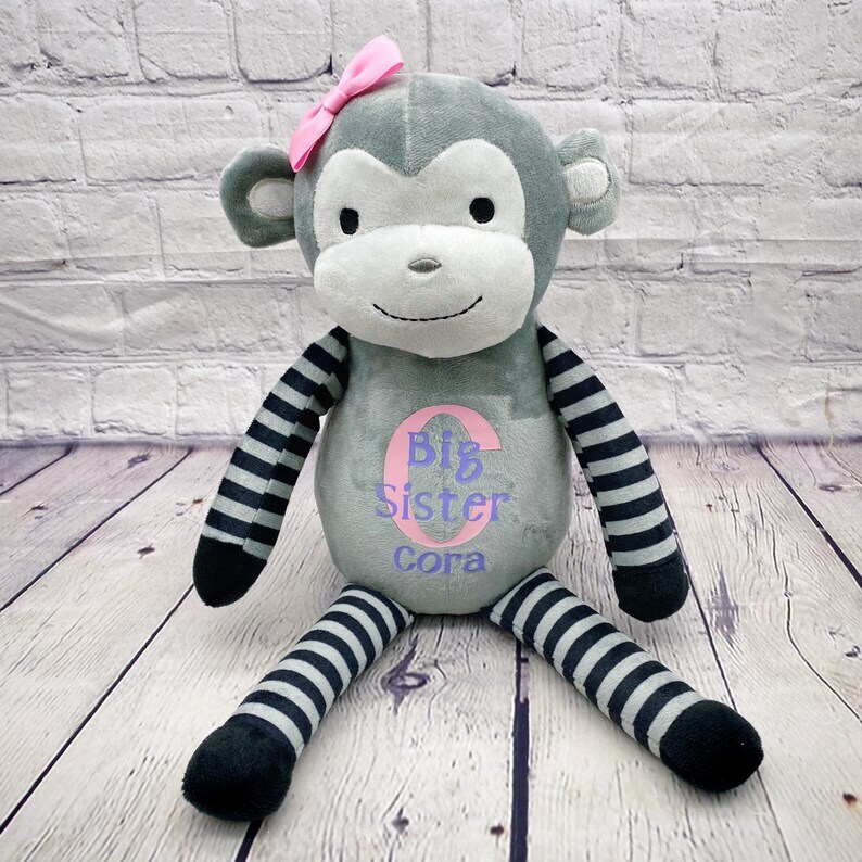 Personalized big sister gift Stuffed animal Birth announcement monkey ...