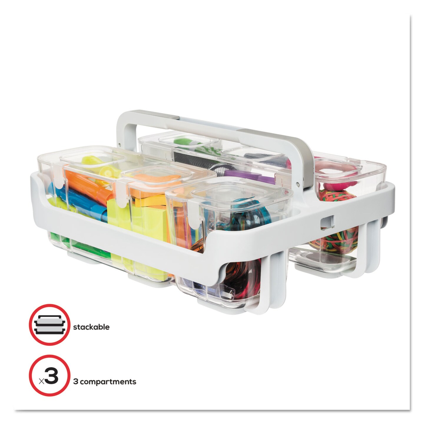 Deflecto Stackable Caddy Organizer w/ S, M & L Containers, White Caddy ...