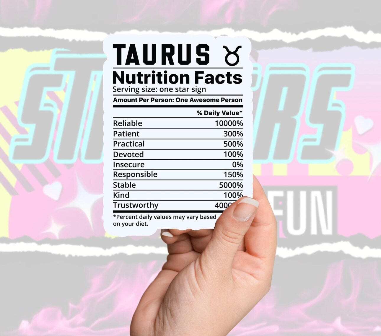 Personality Stickers, Zodiac Nutrition Facts of a Taurus, Great Gift ...