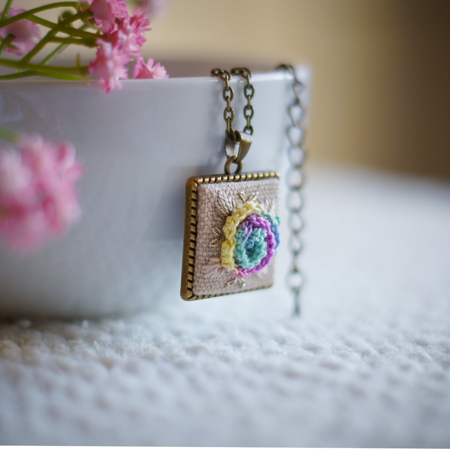 Embroidered Pendant with Rainbow Rose in Antique Bronze Chain Necklace ...