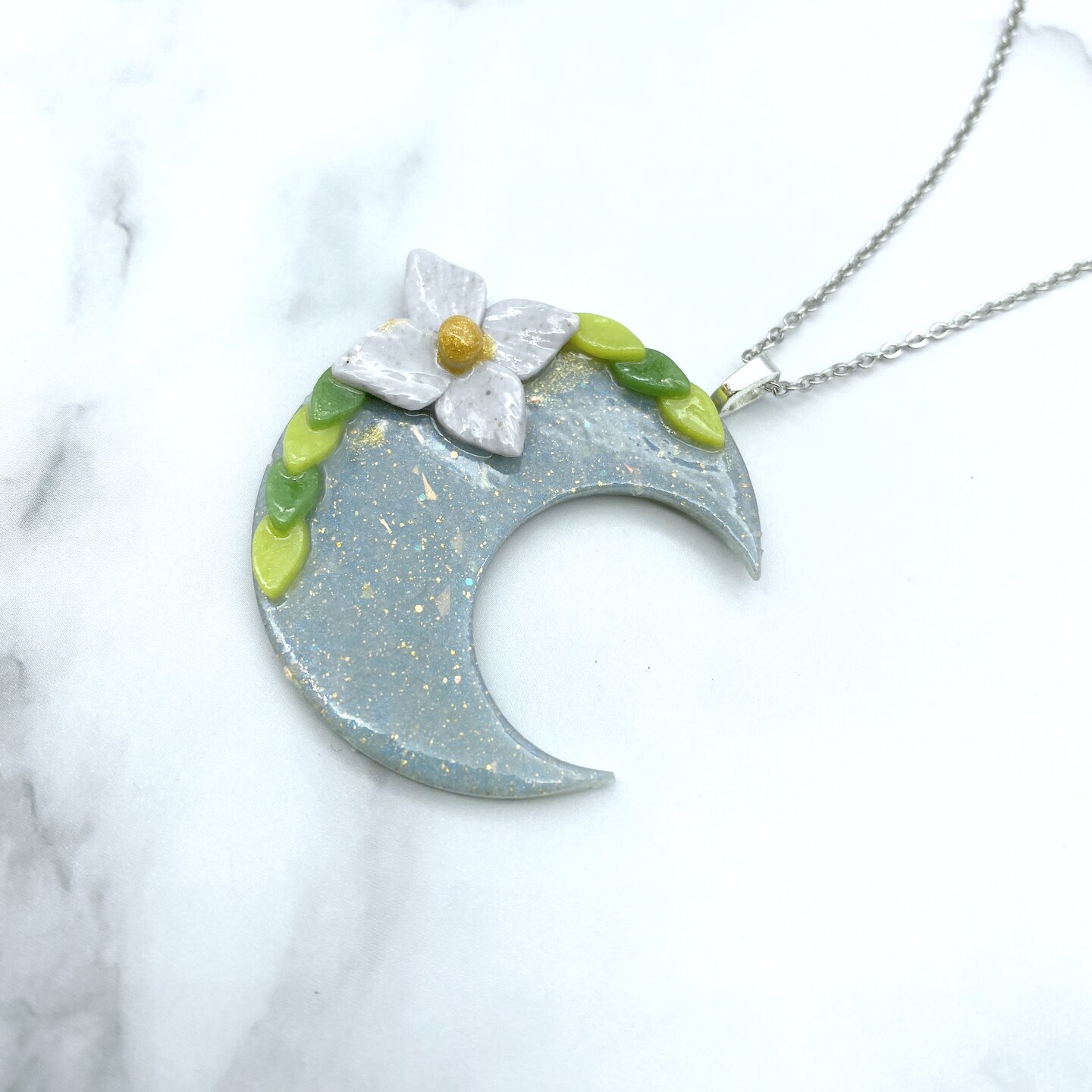 Botanical Crescent Moon Polymer Clay Necklace. Celestial Cottagecore ...