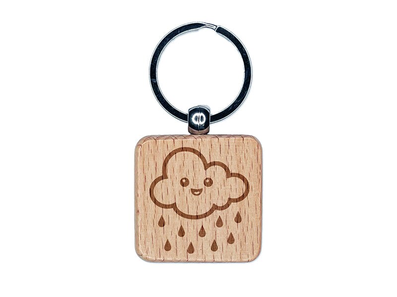 Cute Kawaii Rain Cloud Raining Engraved Wood Square Keychain Tag Charm ...
