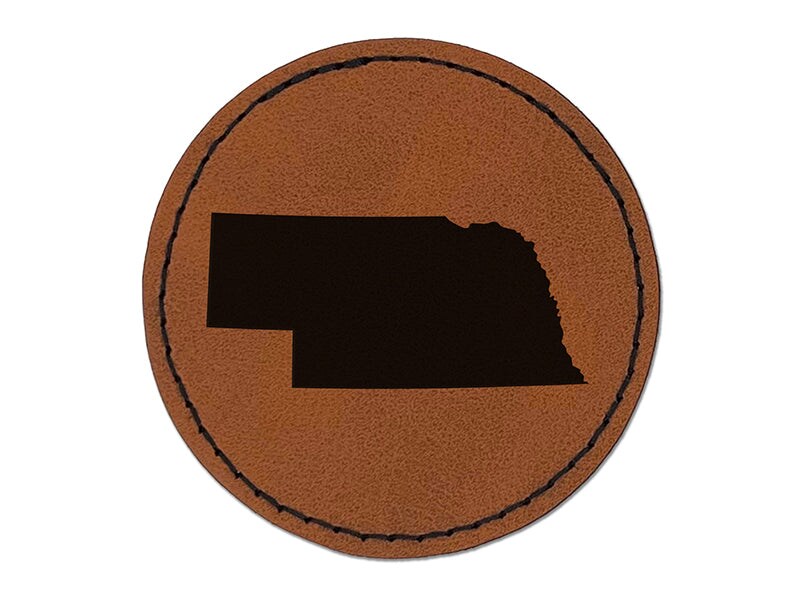 Nebraska State Silhouette Round Iron-On Engraved Faux Leather Patch ...