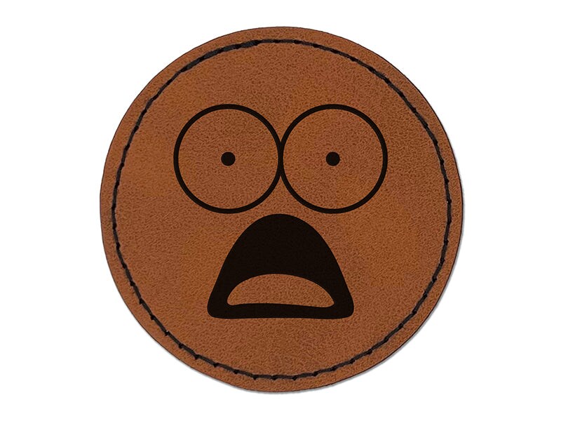 Mouth Agape Shocked Face Round Iron-On Engraved Faux Leather Patch ...
