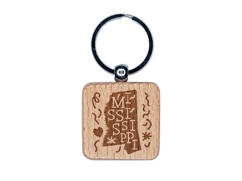 Mississippi State with Text Swirls Engraved Wood Square Keychain Tag ...
