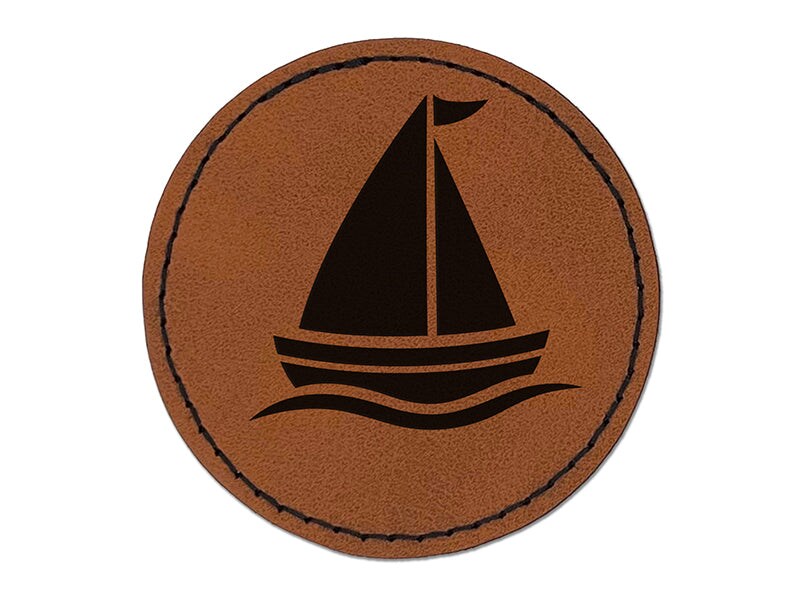 Sailing Sailboat Round Iron-On Engraved Faux Leather Patch Applique - 2 ...