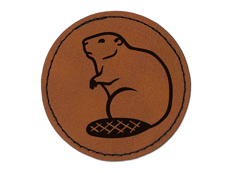 Beaver Sitting Round Iron-On Engraved Faux Leather Patch Applique - 2.5 ...