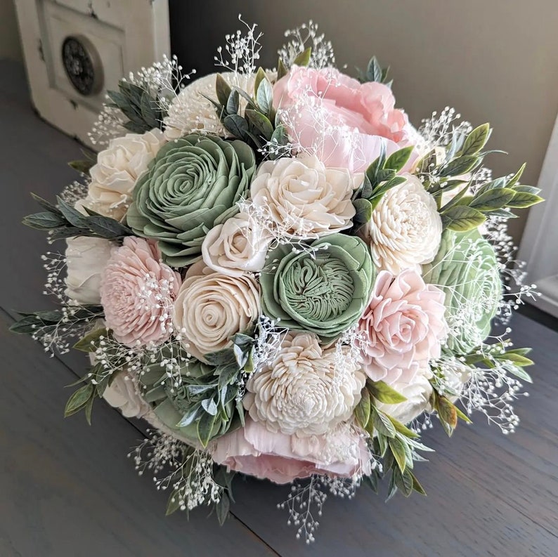 Sage, Blush, and Ivory Sola Wood Flower Bouquet with Baby's Breath and ...