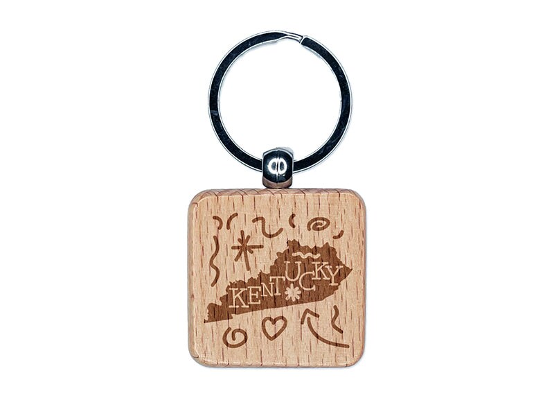 Kentucky State with Text Swirls Engraved Wood Square Keychain Tag Charm ...