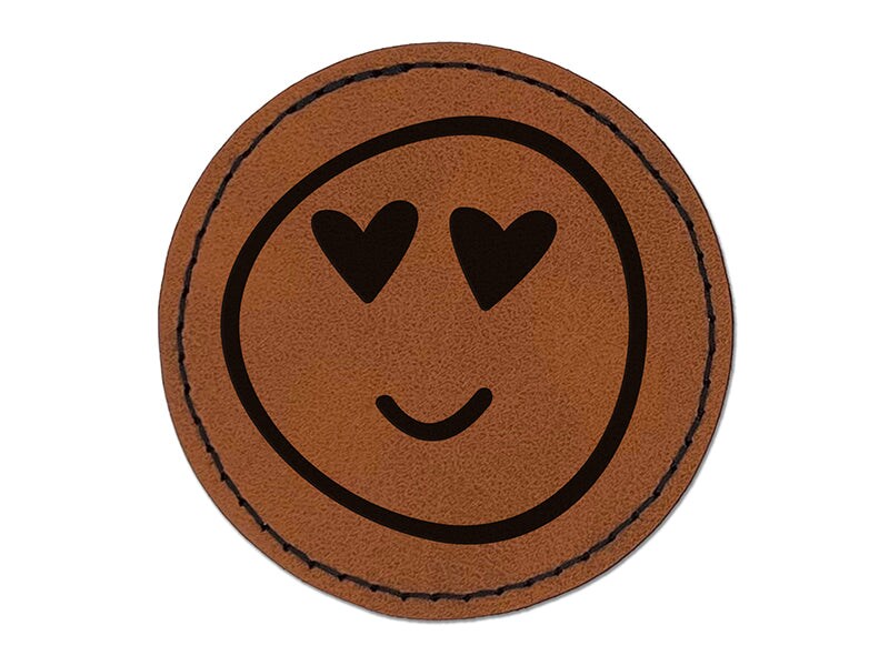 Heart Eye Love Emoticon Face Doodle Round Iron-On Engraved Faux Leather ...