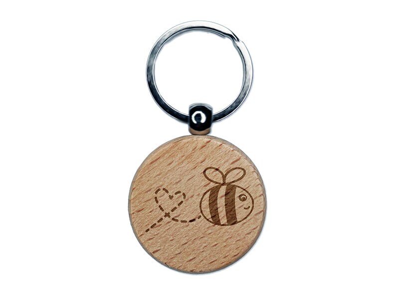 Buzzy Bumble Bee with Heart Engraved Wood Round Keychain Tag Charm ...