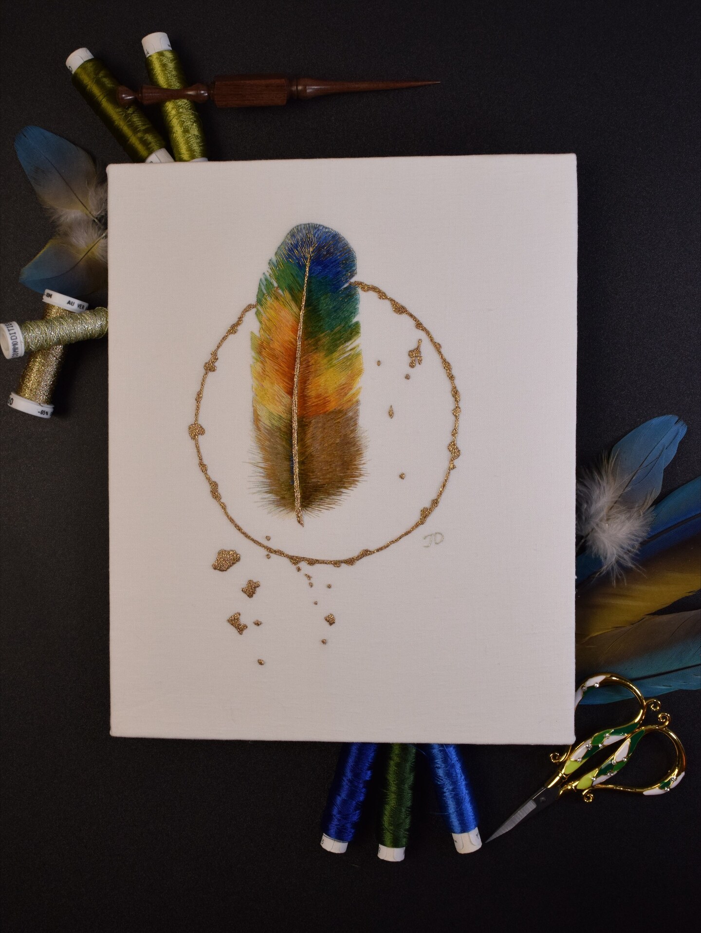 Macaw feather needle painting, Contemporary wall art for home decor ...