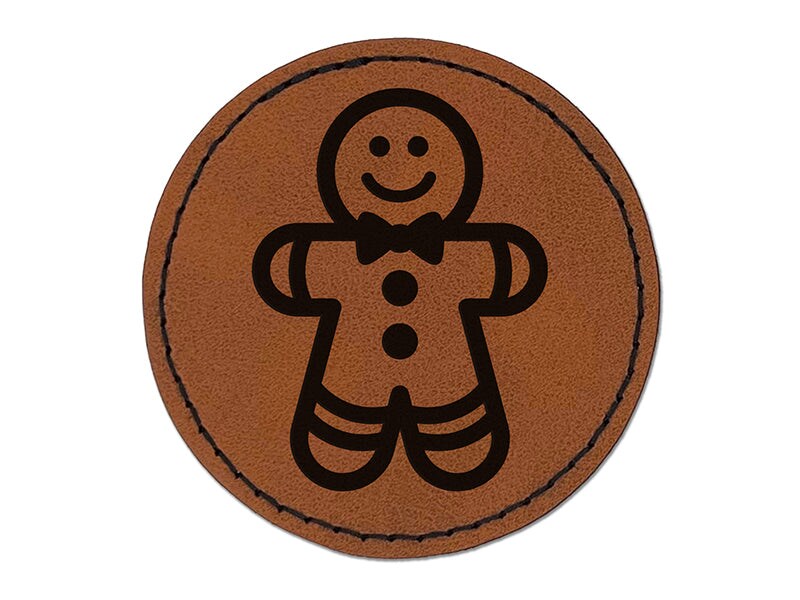 Gingerbread Man Christmas Cookie Round Iron-On Engraved Faux Leather ...