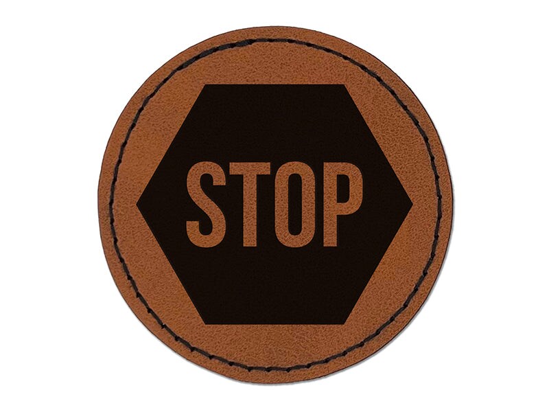 Stop Sign Round Iron-On Engraved Faux Leather Patch Applique - 2.5 ...