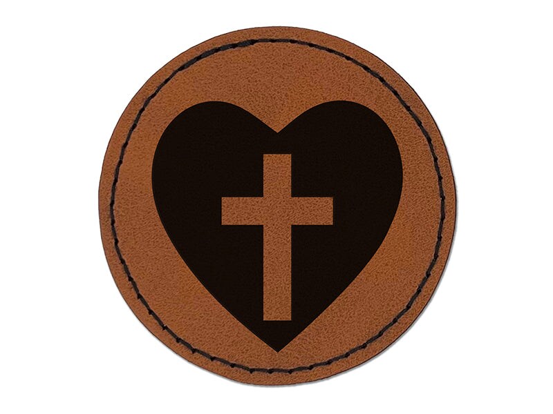 Cross in Heart Christian Round Iron-On Engraved Faux Leather Patch ...